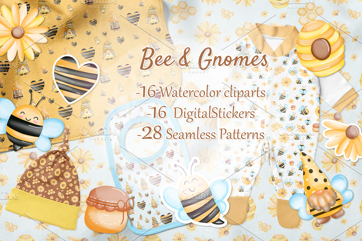 Bee Gnome Watercolor Clipart Bundle