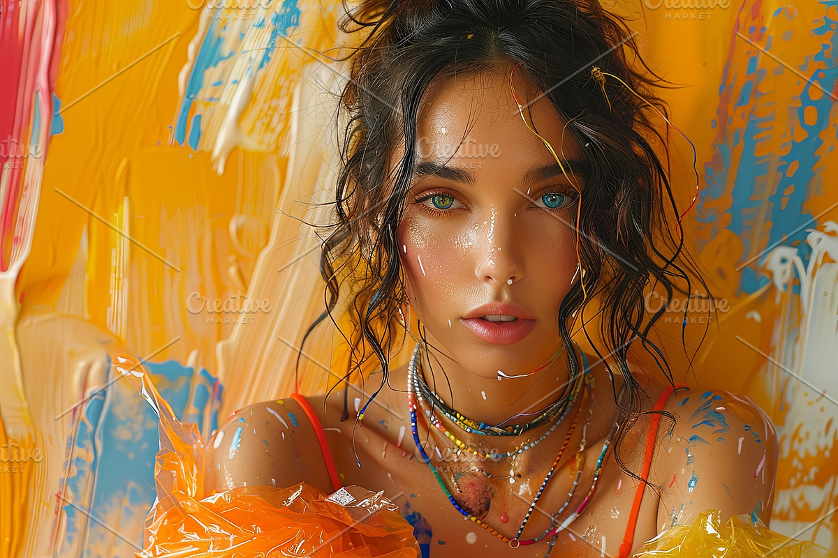 Vibrant Paint Splatter on Young Model in Artistic Setting, an ...