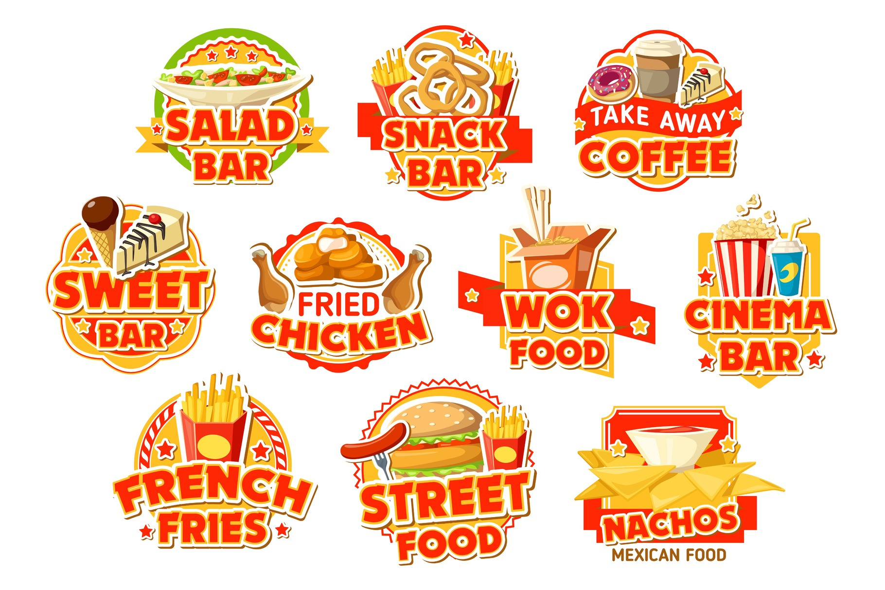 Fast food labels, burgers and drinks, a Food Illustration by Vector ...