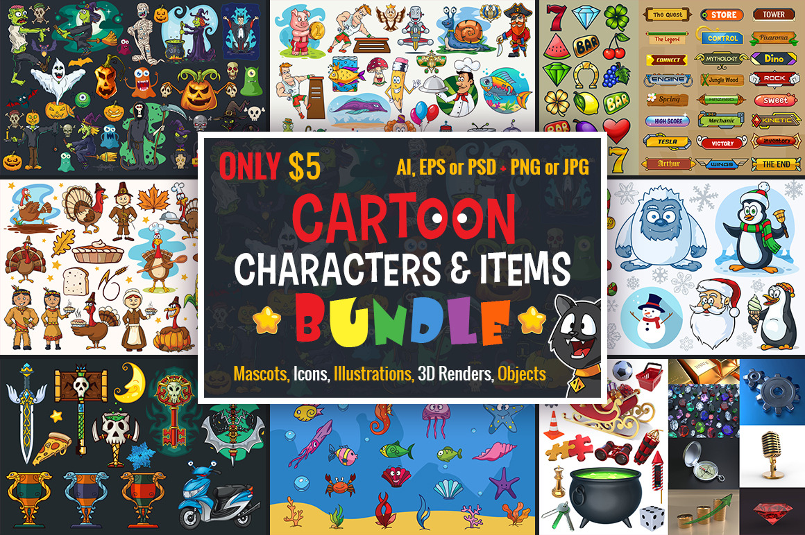 Cartoon Characters & Items Bundle, an Animal Illustration by pixaroma ...