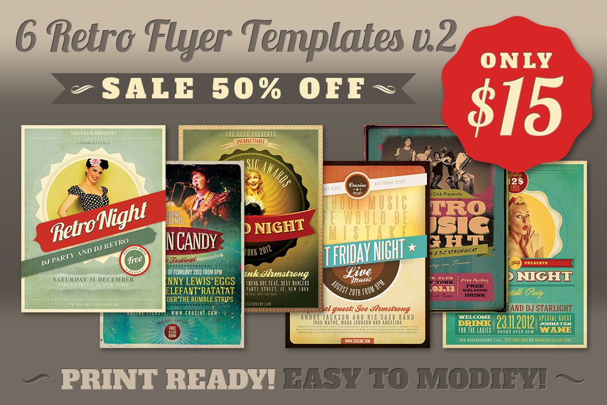 SALE: 6Retro Flyer Templates v.2, a Flyer Template by Cruzine