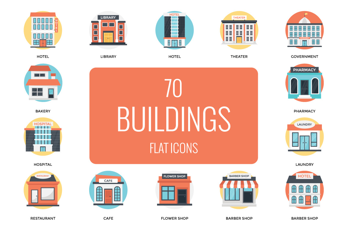 70 Flat Icons Set of Buildings, an Icon by Prosymbols