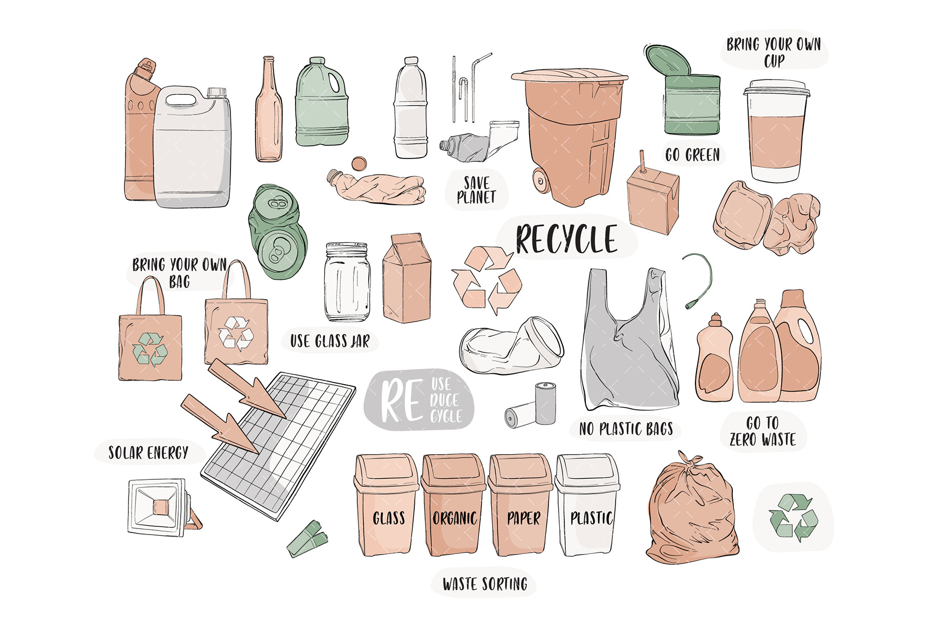 Zero waste sustainable living icon set