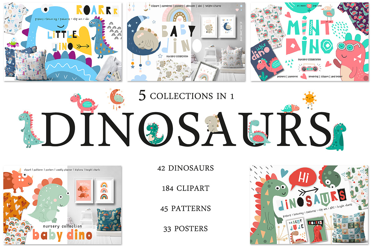 Dinosaur clipart & patterns bundle, an Animal Illustration by Nursery Art