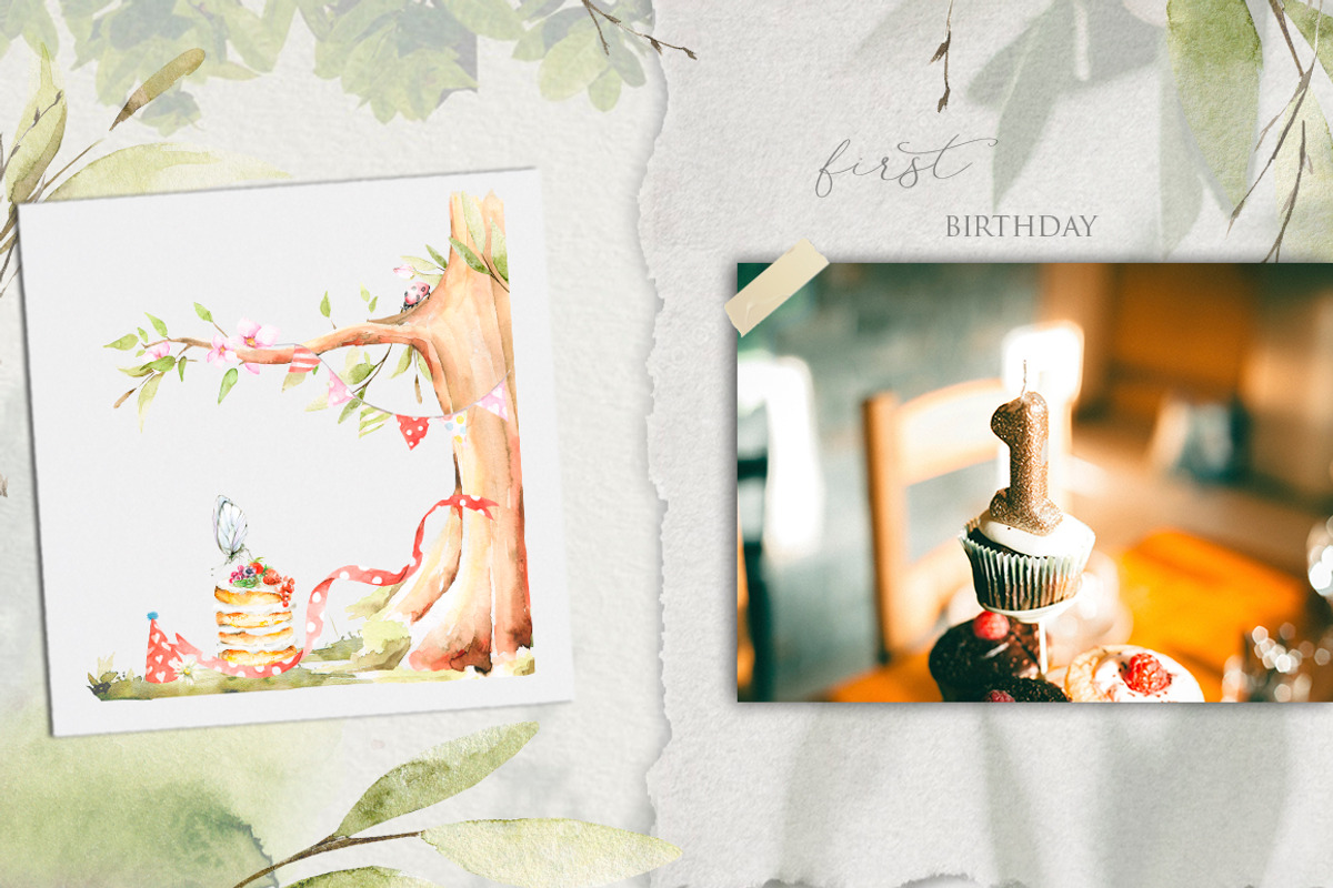Forest birthday Watercolor clipart, an Animal Illustration by 60secondsArt