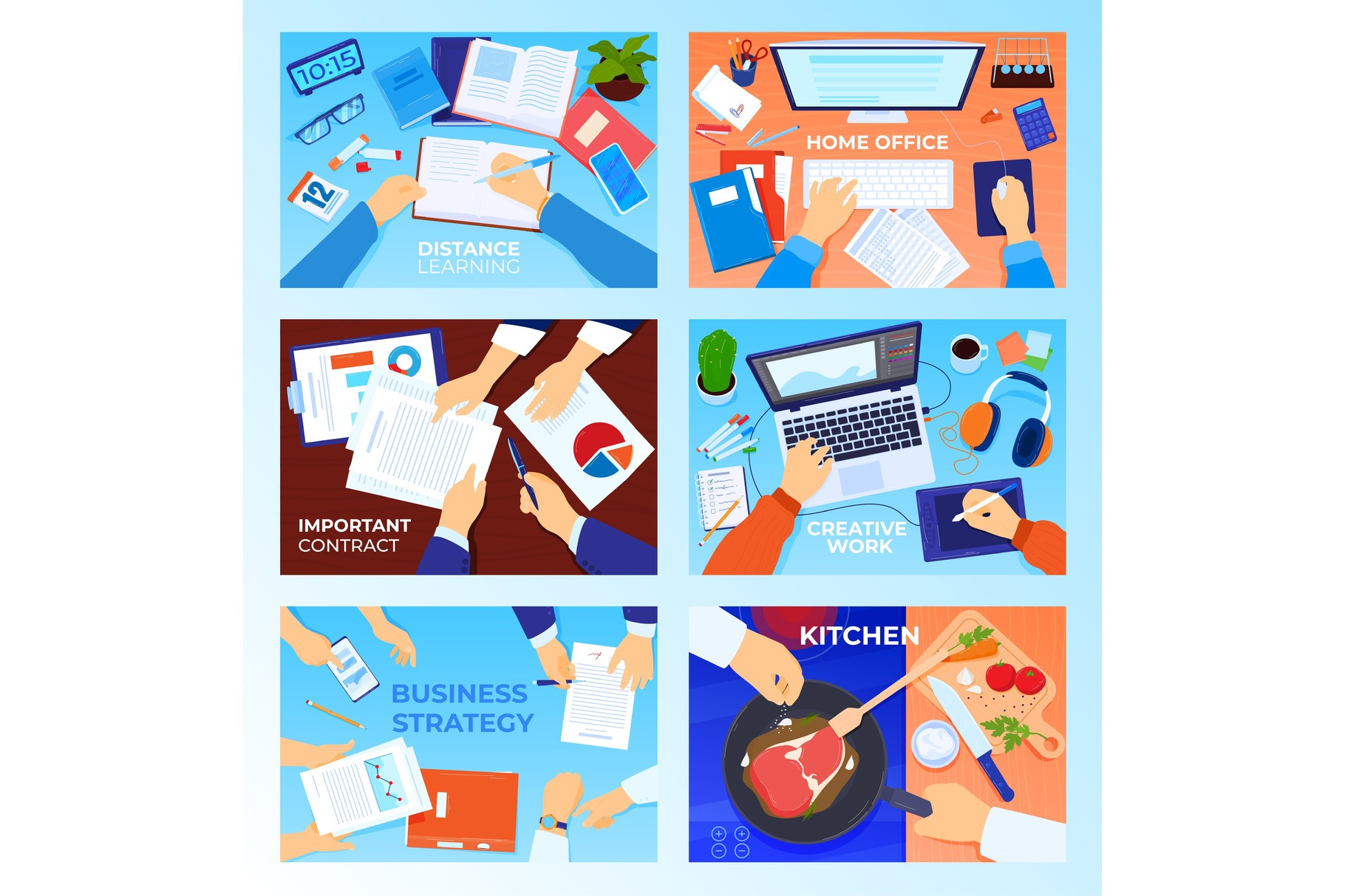 Workplace table desk top view vector, an Education Illustration by ...