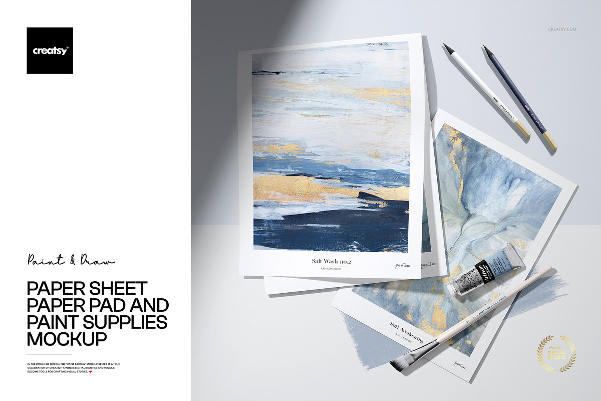 Paint Supplies and Paper Pad Mockup, a Merchandise Mockup by creatsy5