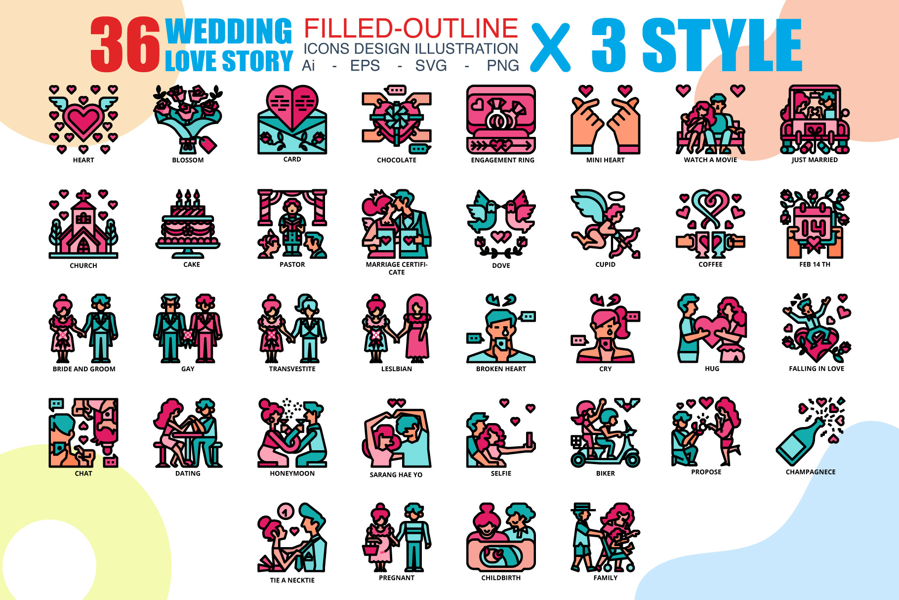 36 Wedding love story icons set x 3, an Icon by skyclick