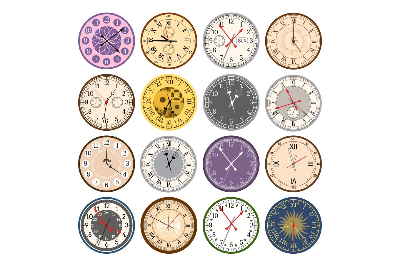 Colorful clock faces vintage modern parts index dial watch arrows ...