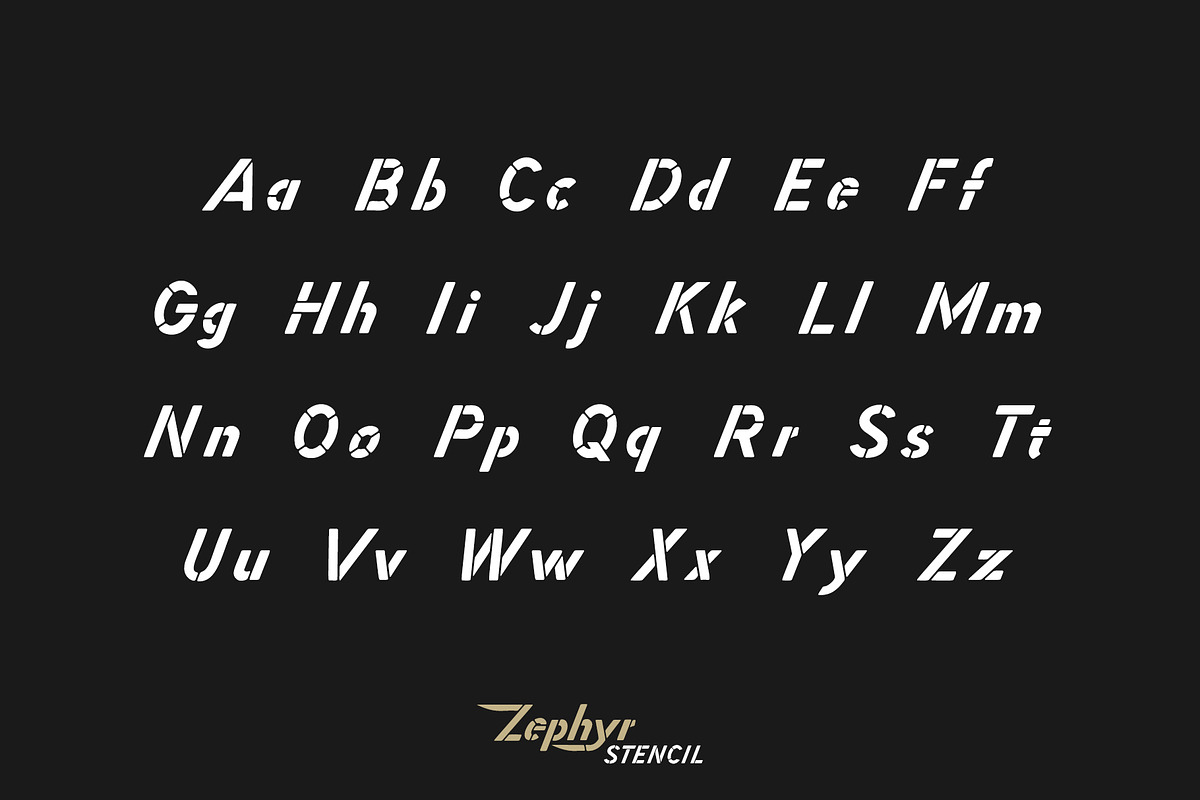 Zephyr Stencil, a Font by Doug Penick