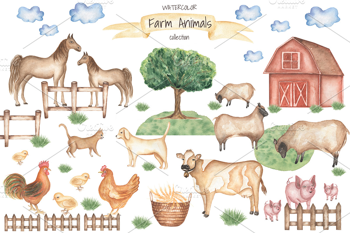 Watercolor Farm life, an Animal Illustration by MayaNavits