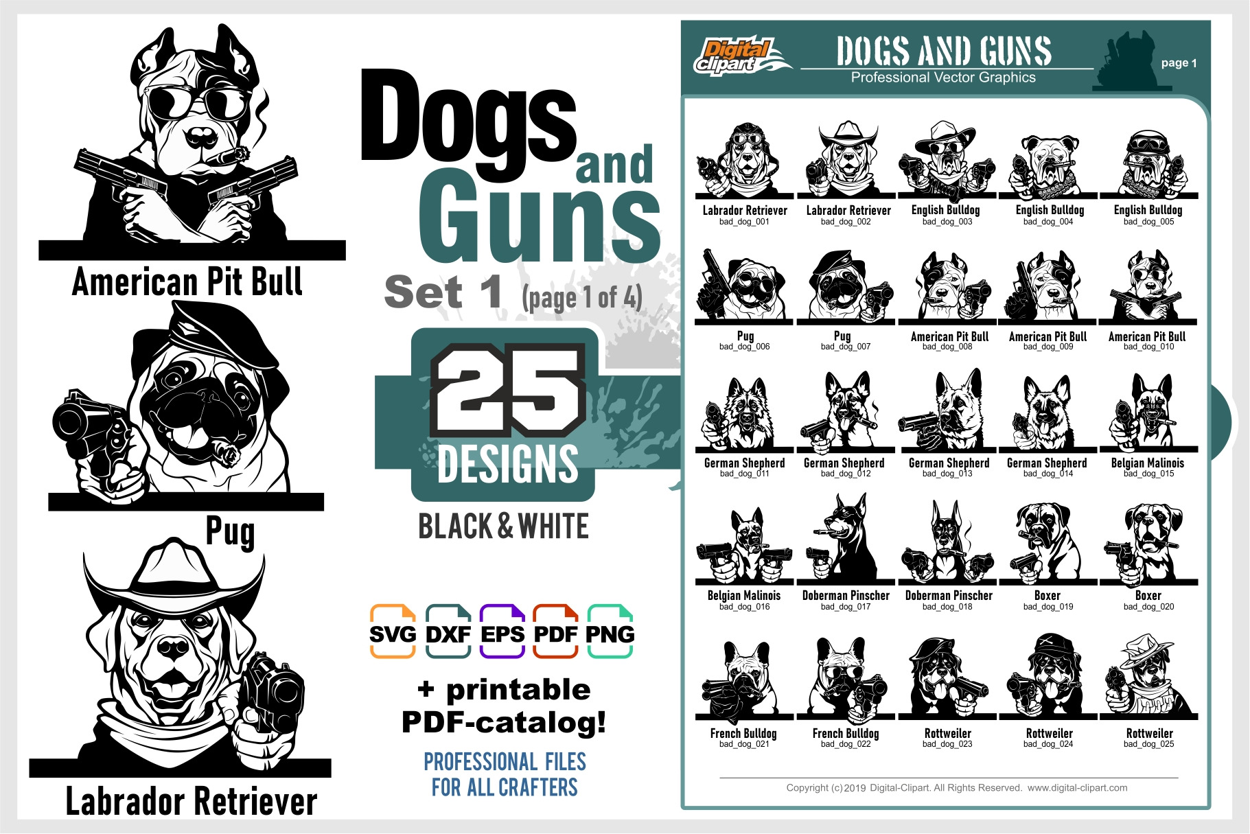 Dogs and Guns - Mini Pack 25 designs, an Illustration by Digital ...