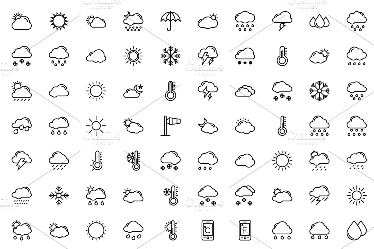 100+ Weather Line Icons, an Outline Icon by Prosymbols