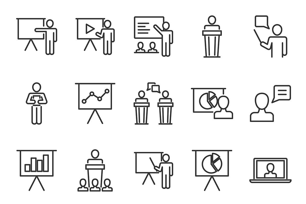 Presentation icons set, an Outline Icon by mayrum | Creative Market