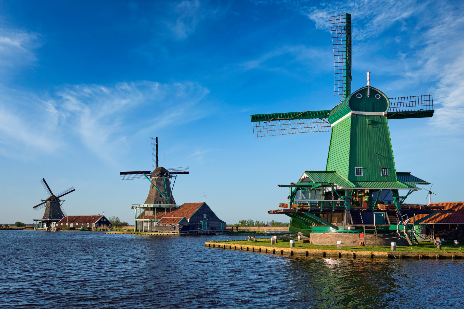 Windmills at Zaanse Schans in Holland on sunset. Zaandam, Nether ...