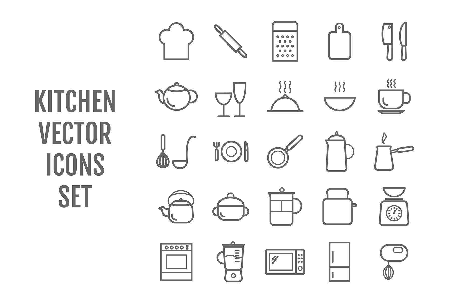 Set of 25 vector line kitchen icons, an Outline Icon by Irina Romanova