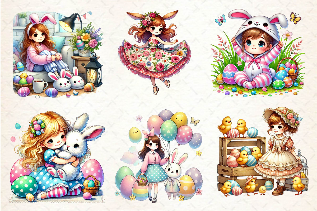 Watercolor Easter Girls Clipart, an Illustration by Dream Creation