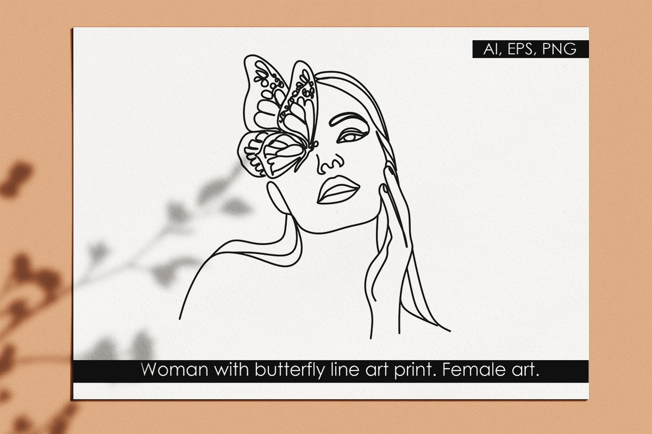 Woman with butterfly line art vector | Animal Illustrations ~ Creative ...