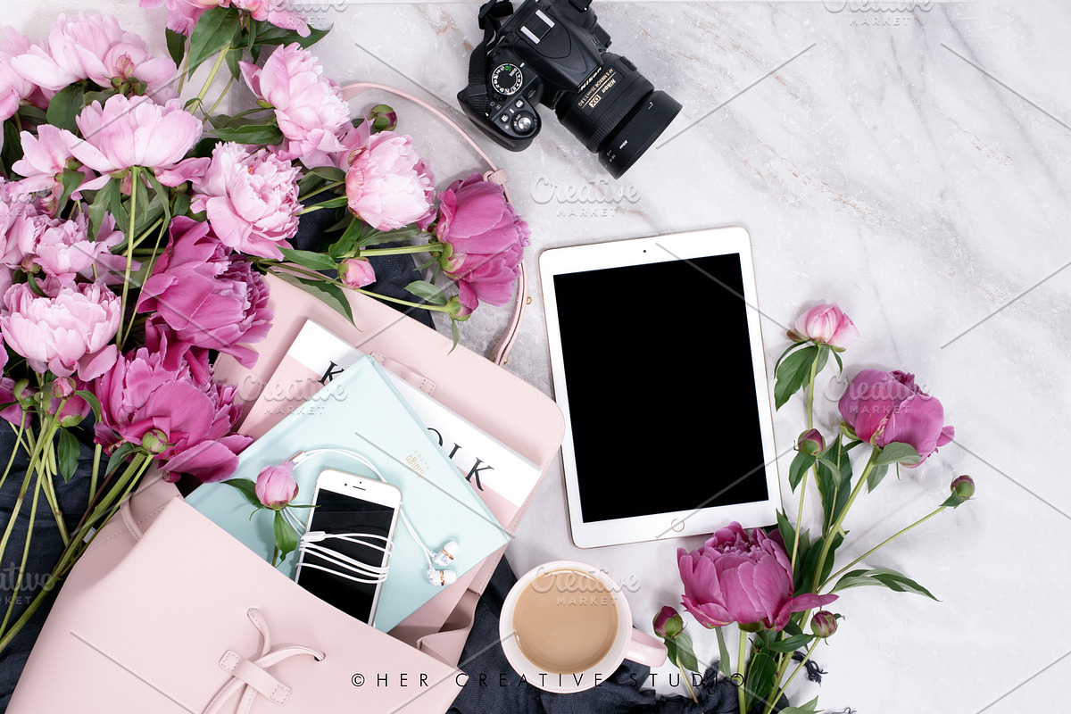 Pink Peonies Ipad Mockup, an iPad Mockup by Her Creative Studio