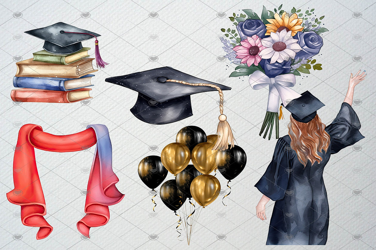 Watercolor Graduation Clipart Set, 35 PNG | Creative Market