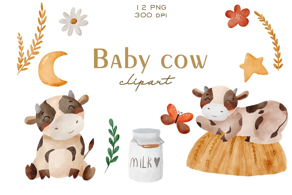 Watercolor baby cow clipart, an Animal Illustration by SleptArt