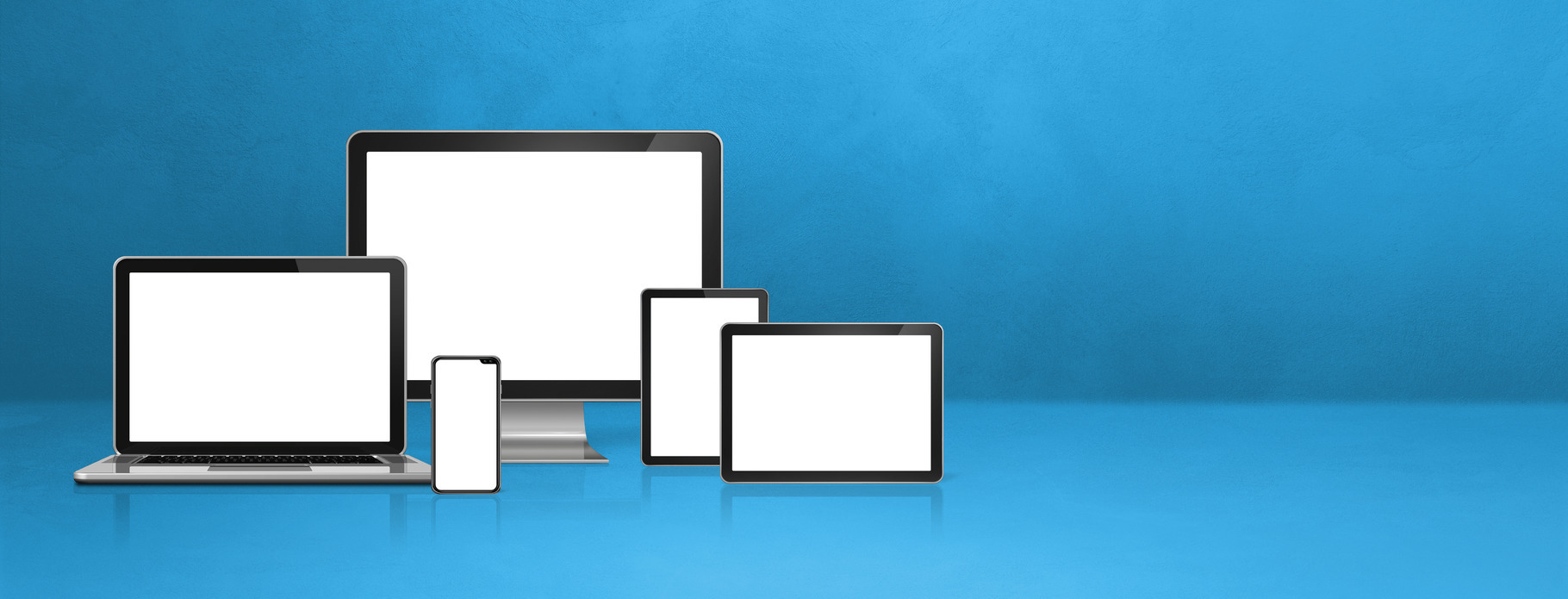 computer, laptop, mobile phone and digital tablet pc. blue banne, a ...