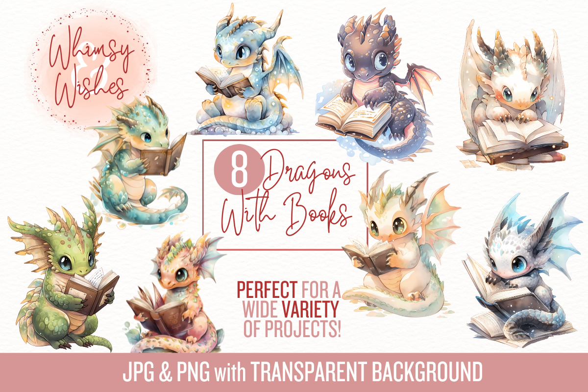 Reading Watercolor Dragons, a Decorative Illustration by Whimsy & Wishes
