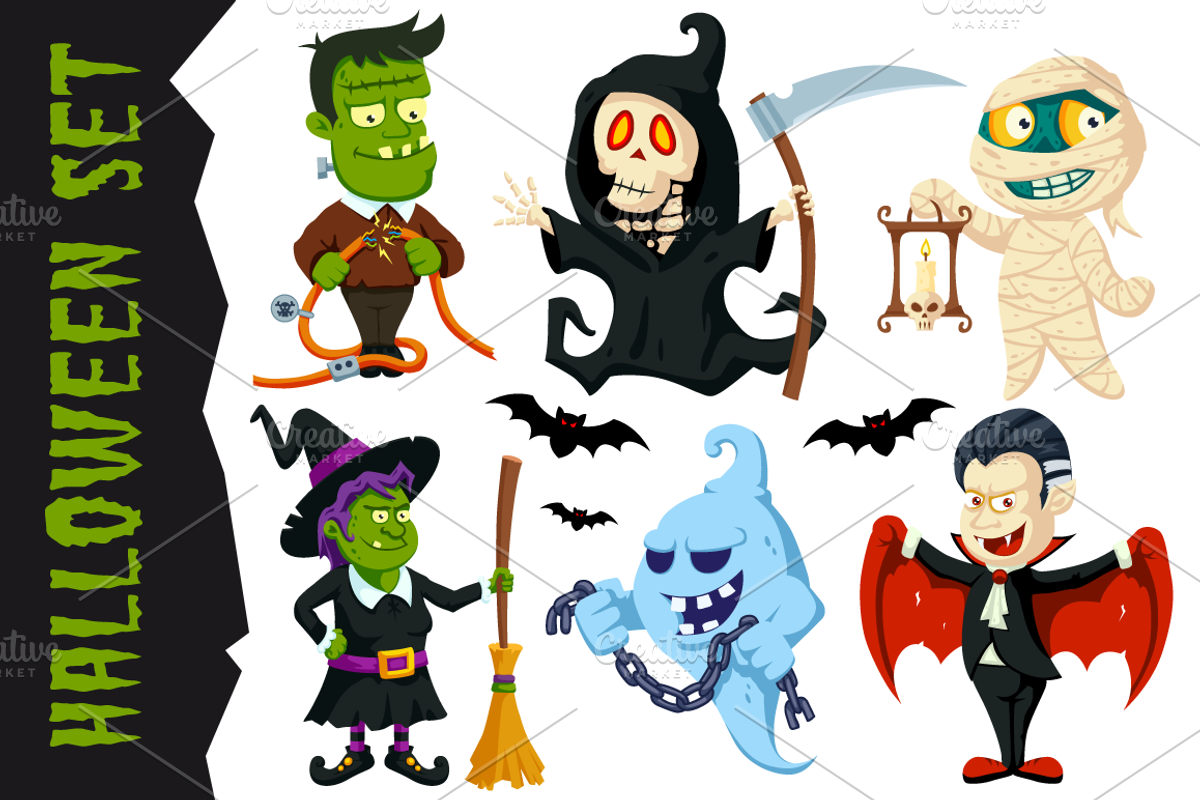 Halloween Flat Cartoon Character Set, an Illustration by pixaroma