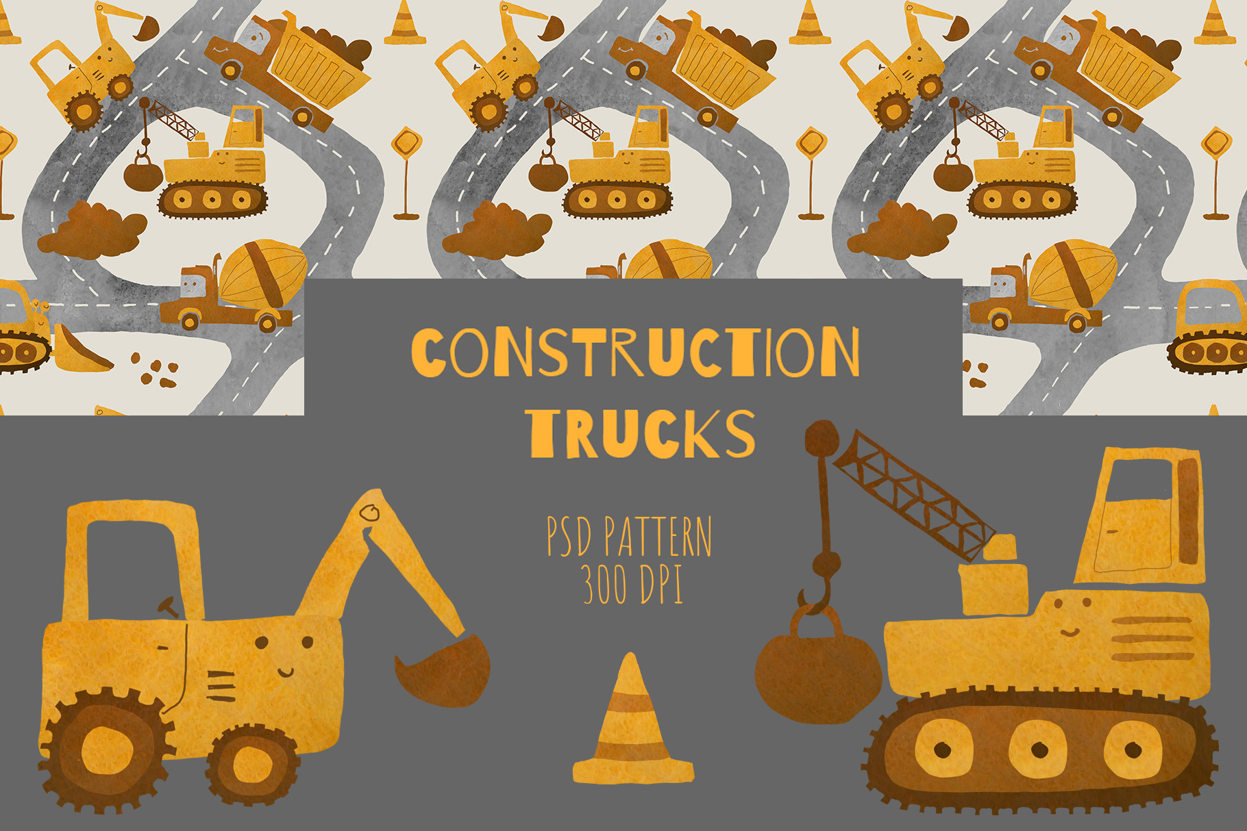 Construction trucks patterns, a Pattern Graphic by watercolor kamill