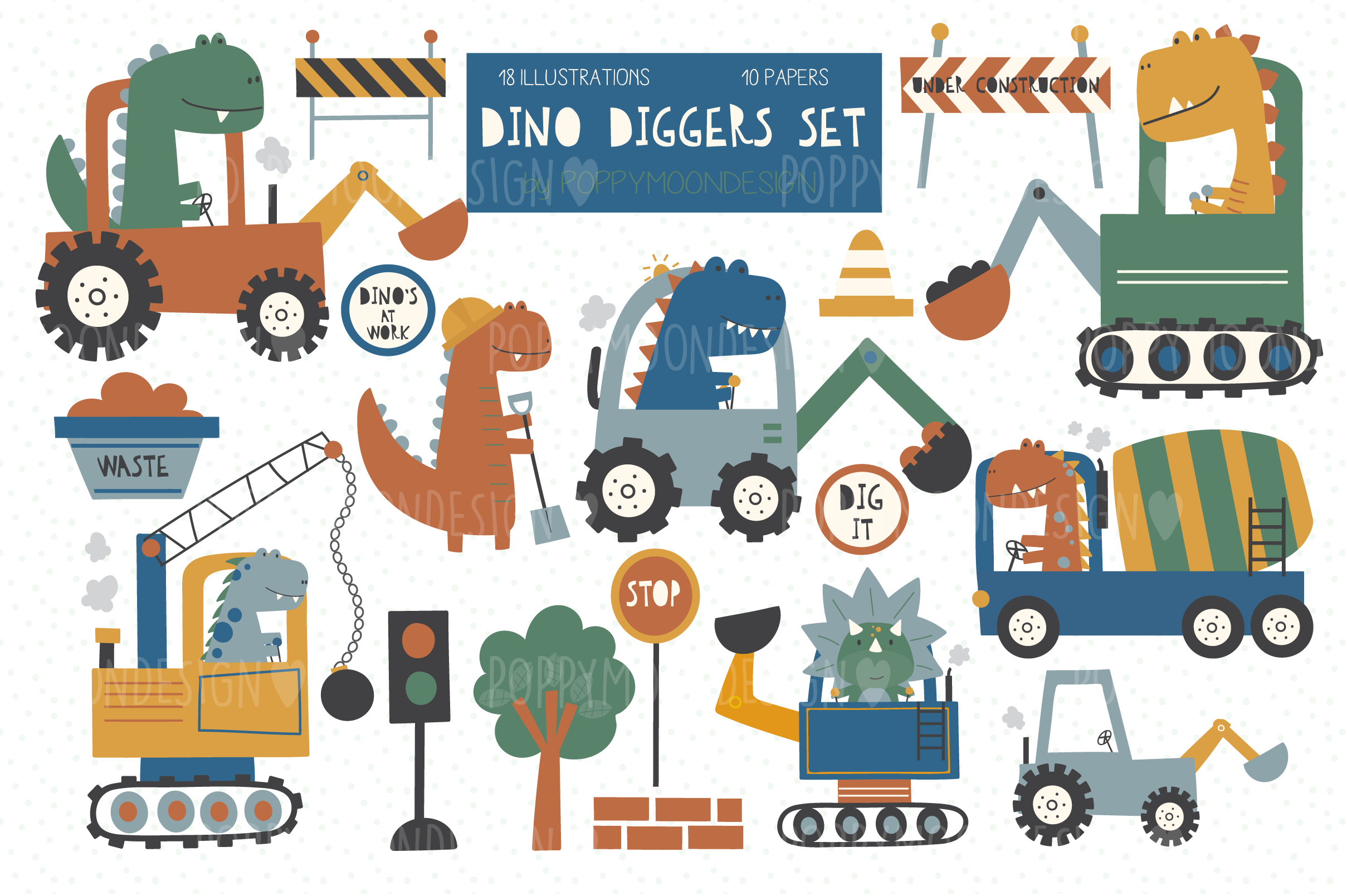 Dino Diggers set, a Transportation Illustration by Poppymoondesign