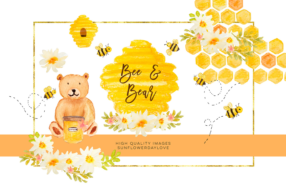 Watercolor bees and honey clipart, an Illustration by Sunflower Day Love