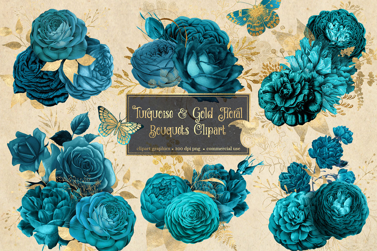 Turquoise and Gold Floral Clipart, an Illustration by Digital Curio