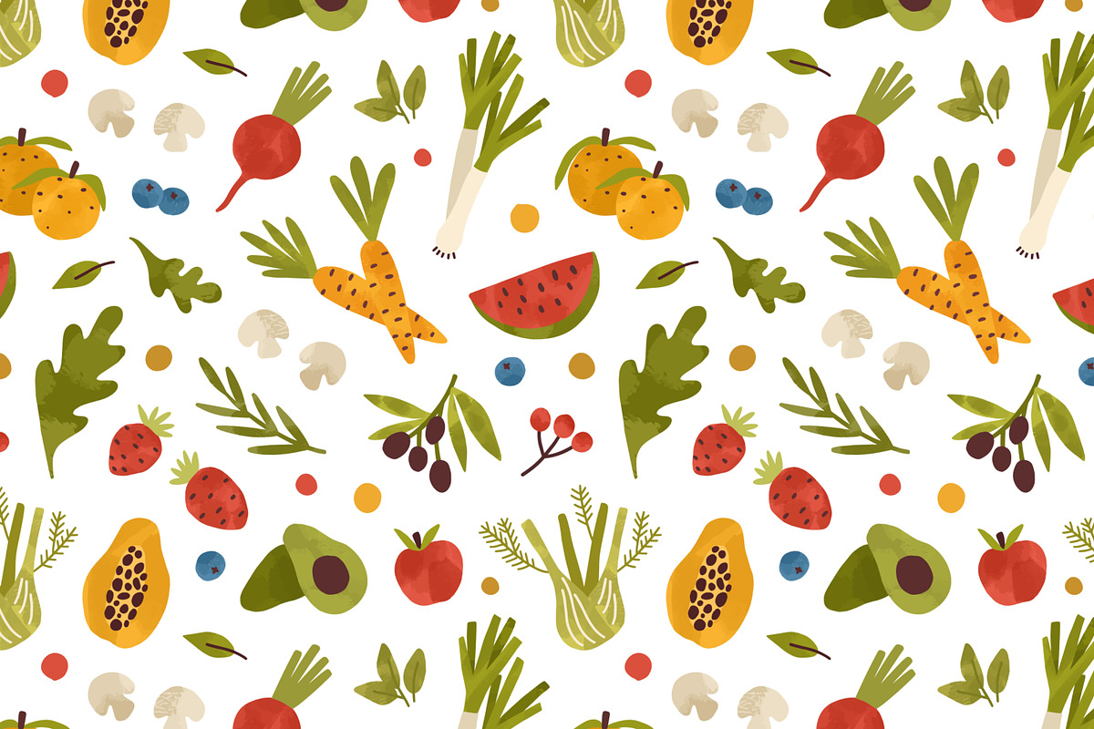 Vegan food seamless patterns, a Pattern Graphic by Good Studio