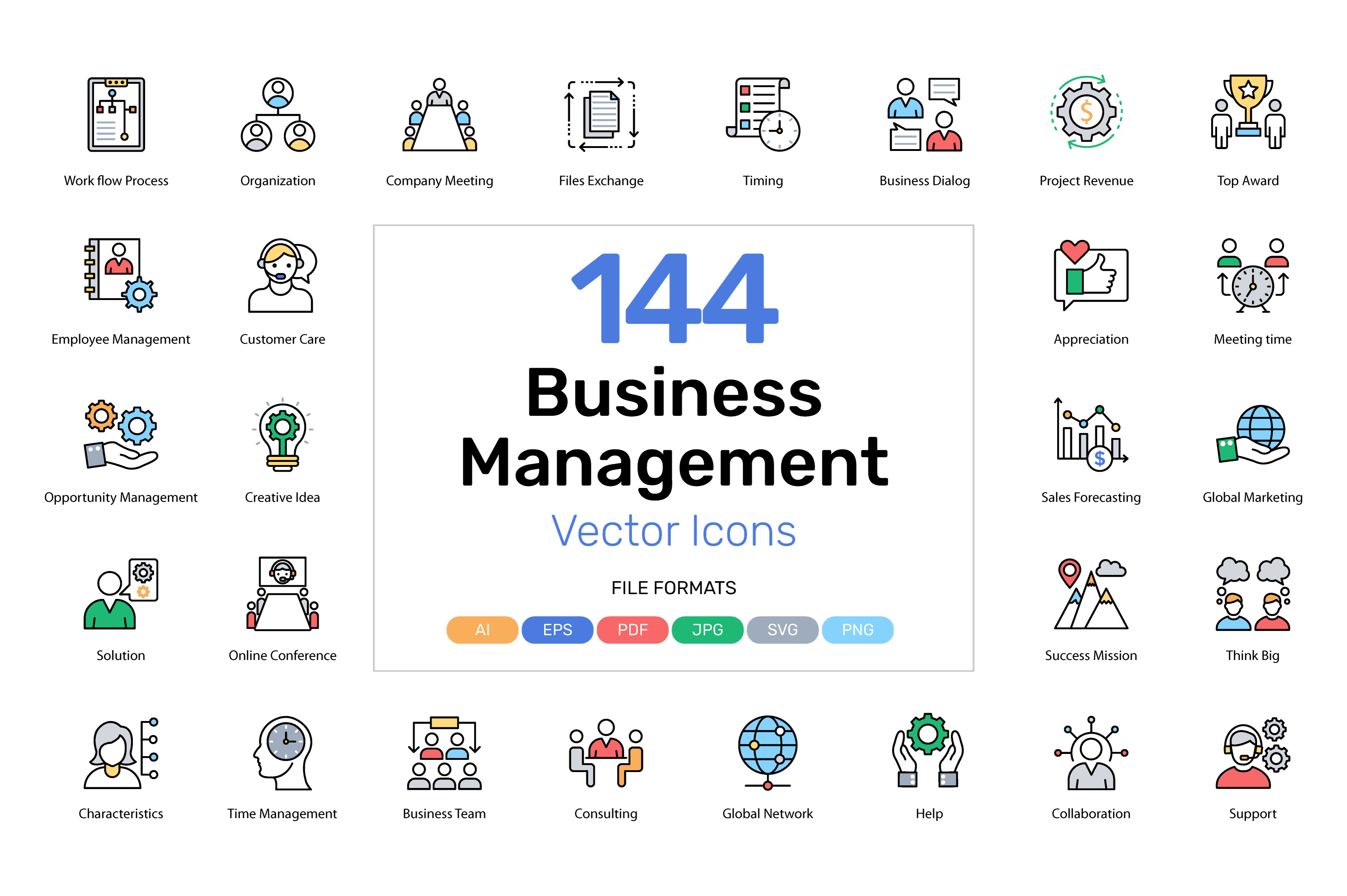 144 Business Management Icons, an Outline Icon by Vectors Market