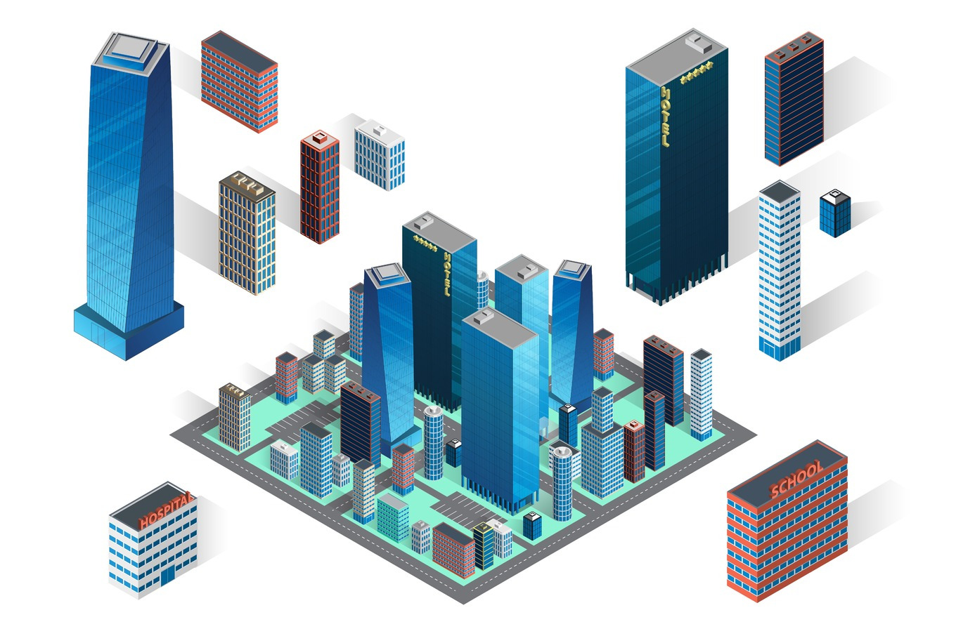 Vector isometric buildings set. | Technology Illustrations ~ Creative ...
