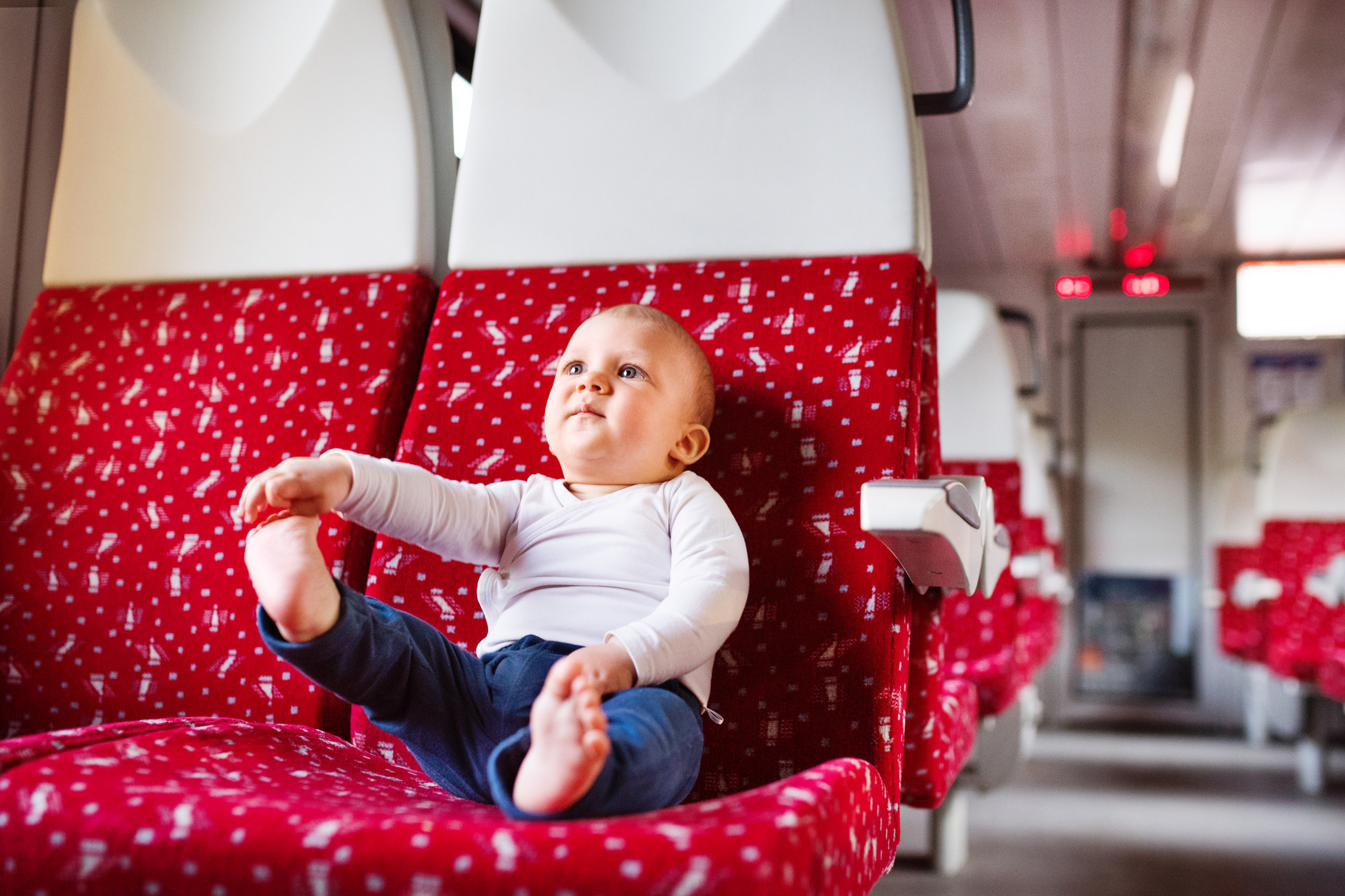 Cute baby boy travelling by train stock photo containing young and son ...