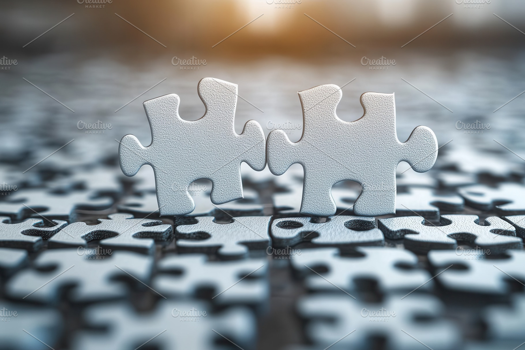 Two puzzle pieces connect on a dark, a Photo by Tanuart | Creative Market