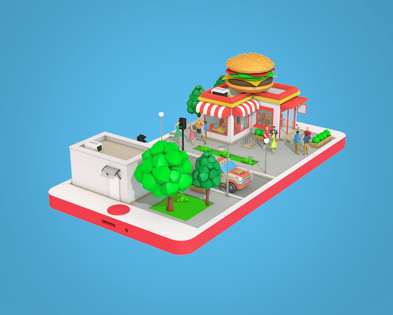 Low Poly Burger Cafe on Phone screen, an Architecture 3D Model by Low ...
