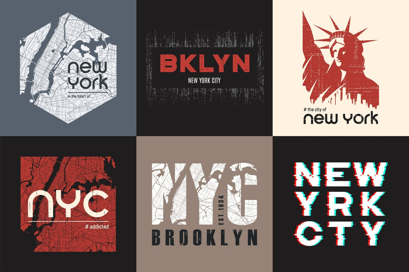 Set of six New York t-shirt and apparel designs. Vector print, t, a ...
