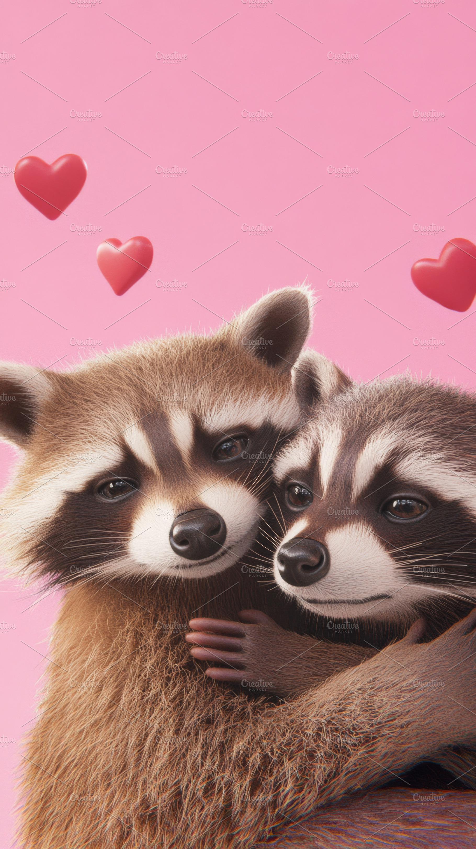 Two raccoons hugging against pink background with heart shapes,, a ...