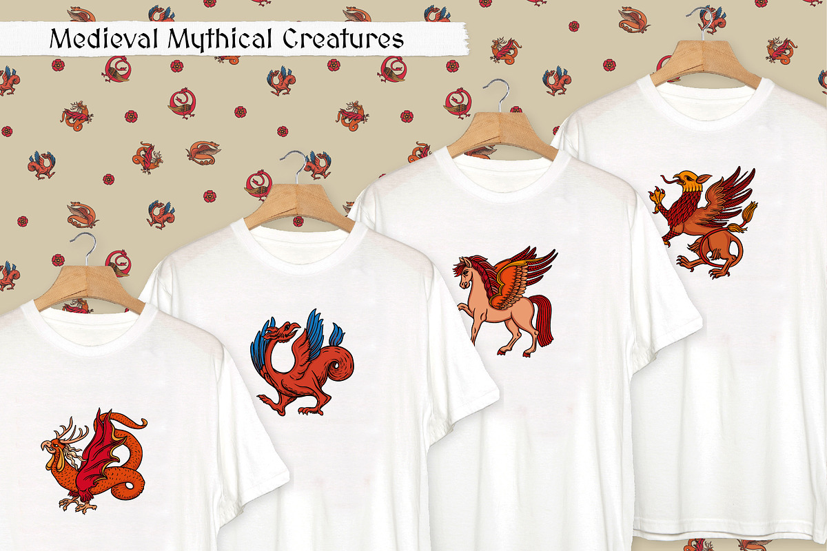 Medieval Mythical Creatures, a Pattern Graphic by Elen-Lane