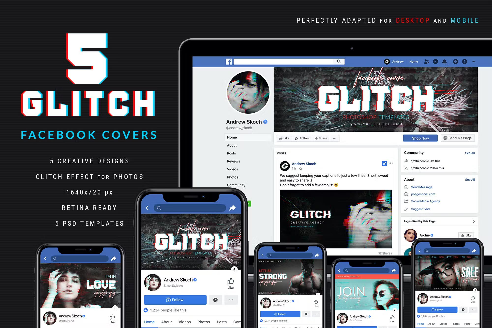 Glitch Facebook Covers, a Social Media Template by Andrew Skoch Design