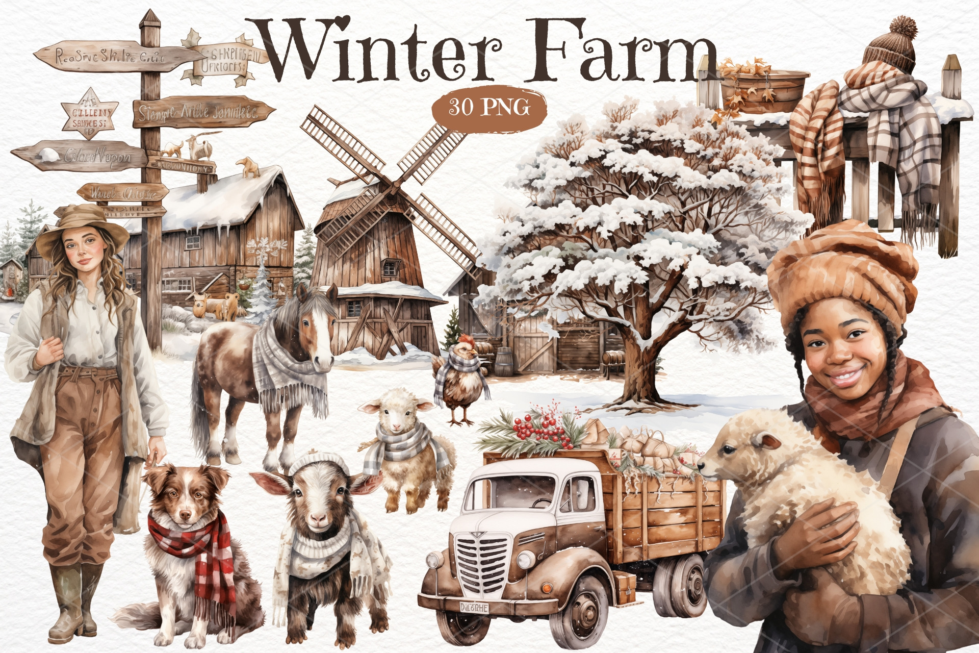 Winter Farm Clipart Bundle PNG, a Decorative Illustration by Maysa Art
