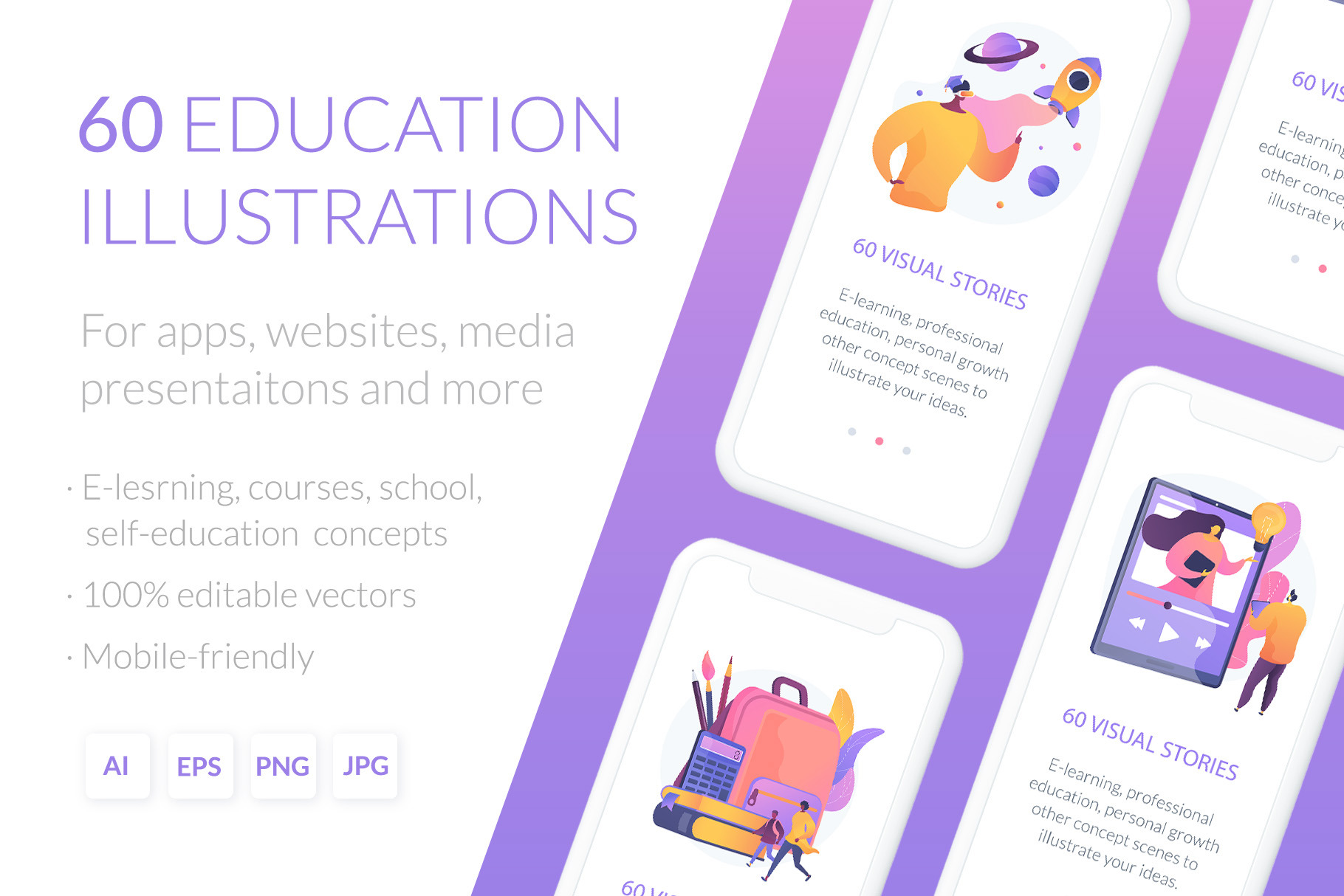 60 Education illustrations for UI, a Templates & Theme by Visual Generation