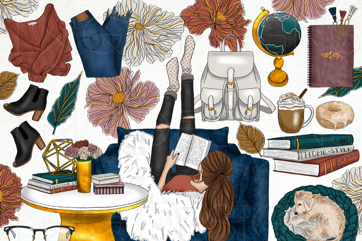 Fashion Girl Fall Reading Clip Art, an Education Illustration by TWG ...