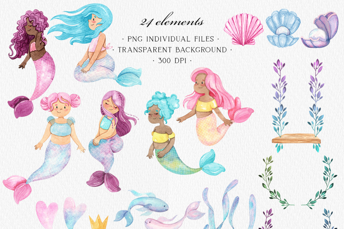 Mermaids Watercolor Clipart, an Illustration by GauSilvaStudio