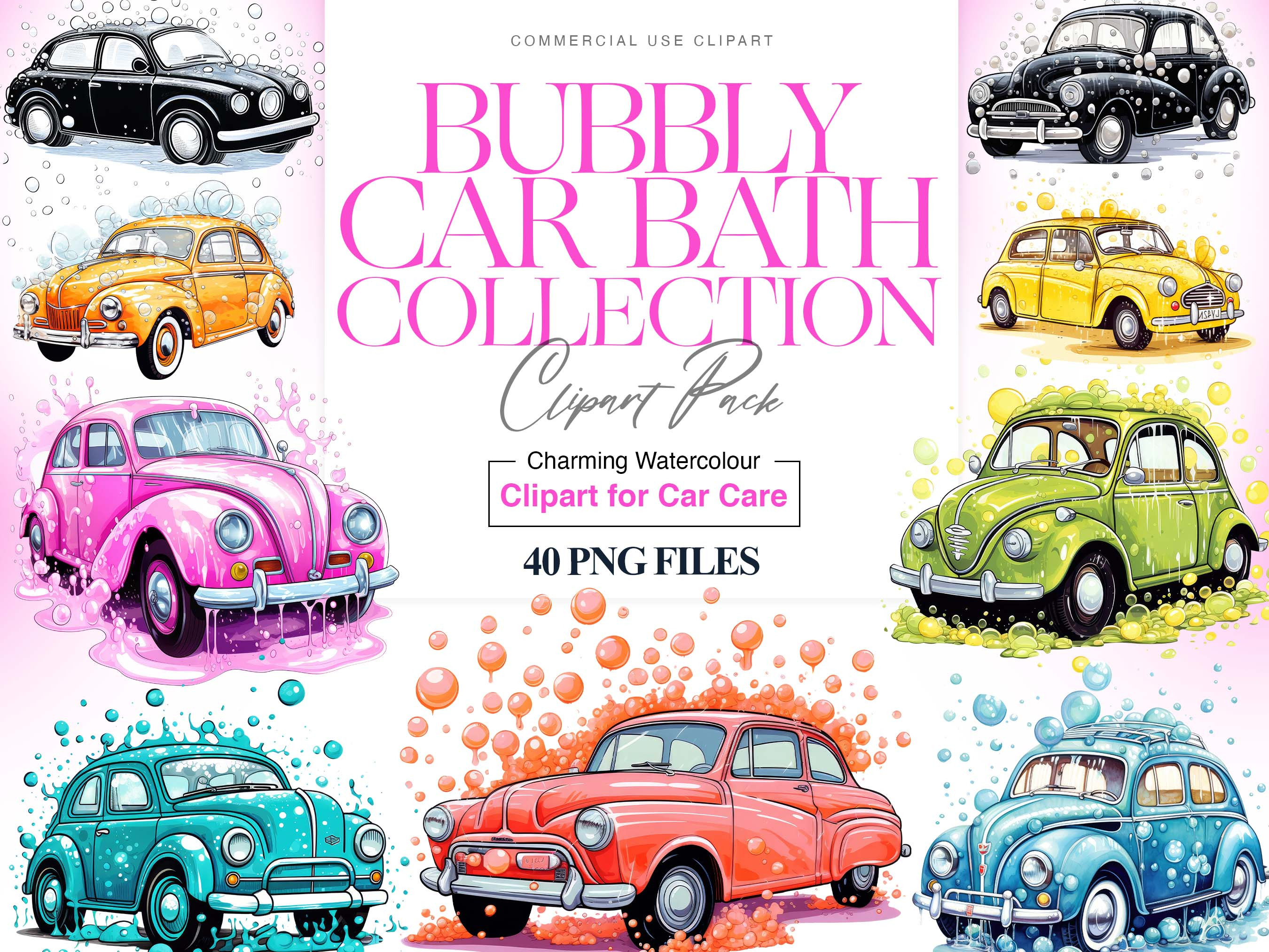 Watercolor Car Wash Clipart, Red Car