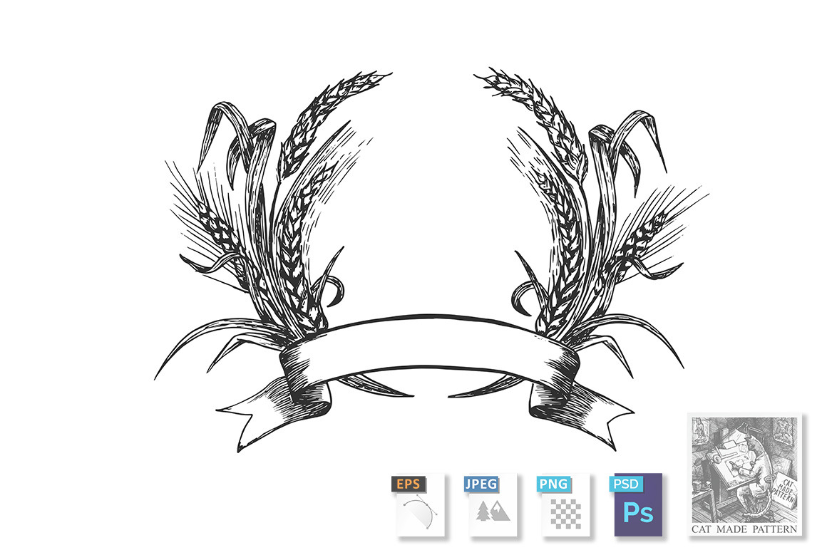 Wheat wreath with the ribbon, a Food Illustration by CatMadePattern