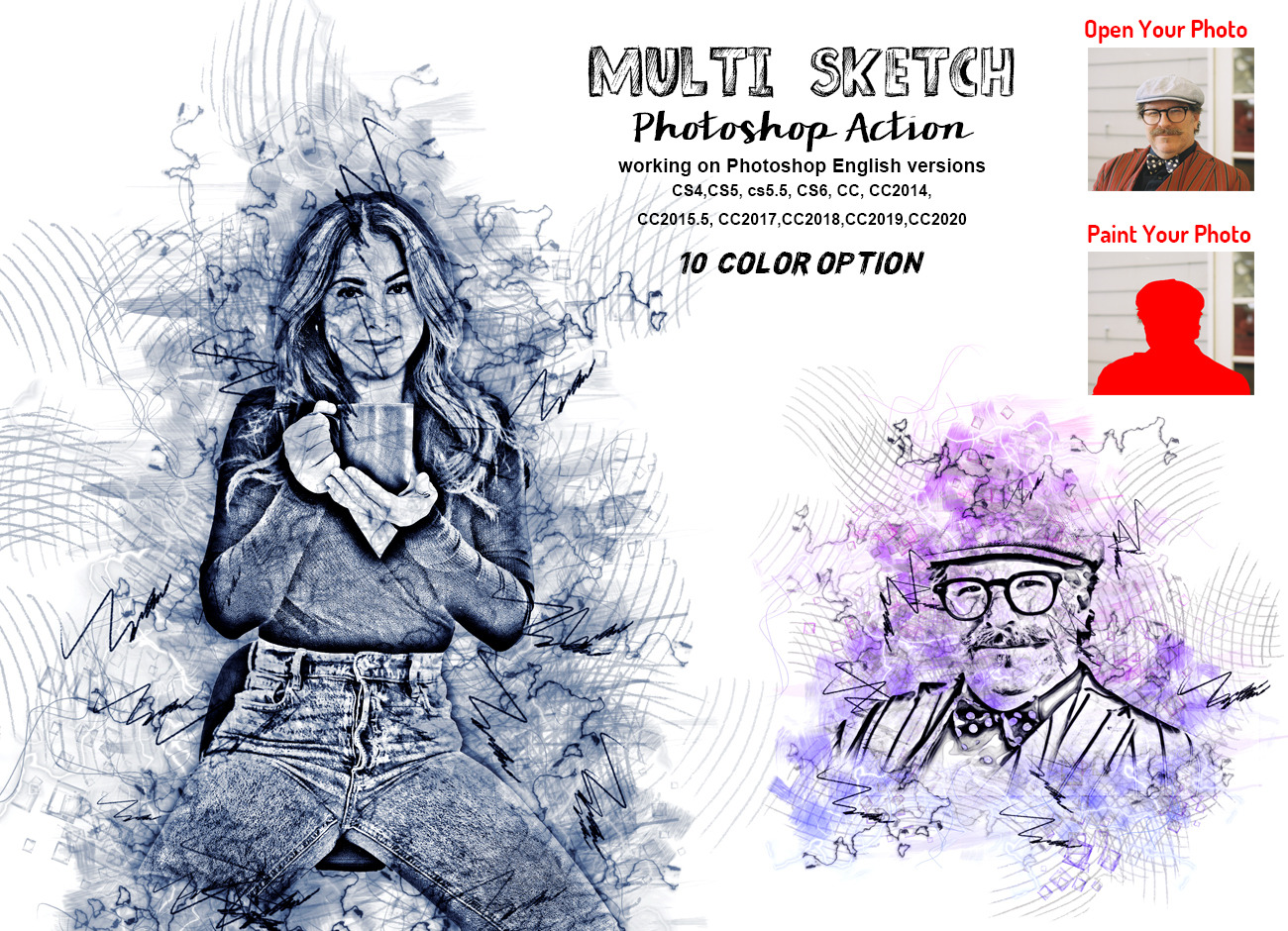 Multi Sketch Photoshop Action, an Action Add-On by Studio Retouch