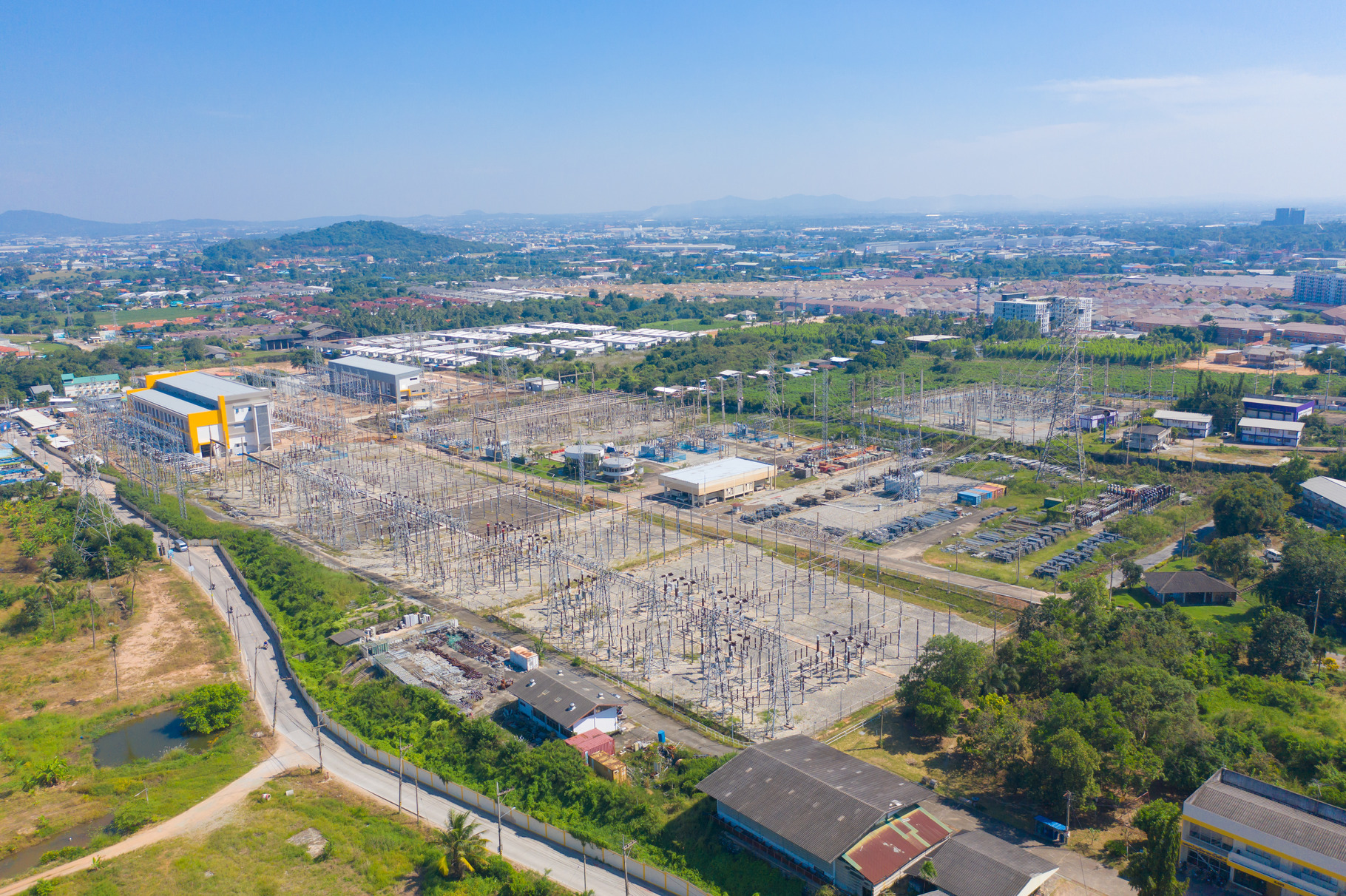 Aerial view of electricity generating, voltage poles. Power line, a ...